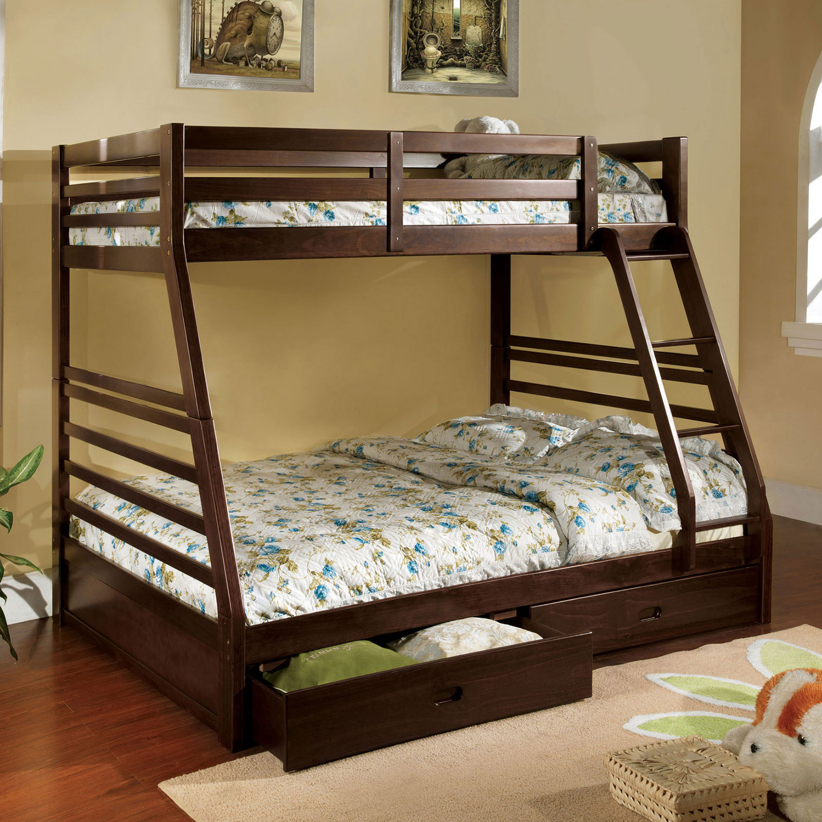 liquidationspots.com: Twin/Full Bunk Bed w/ 2 Drawers, Dark Walnut