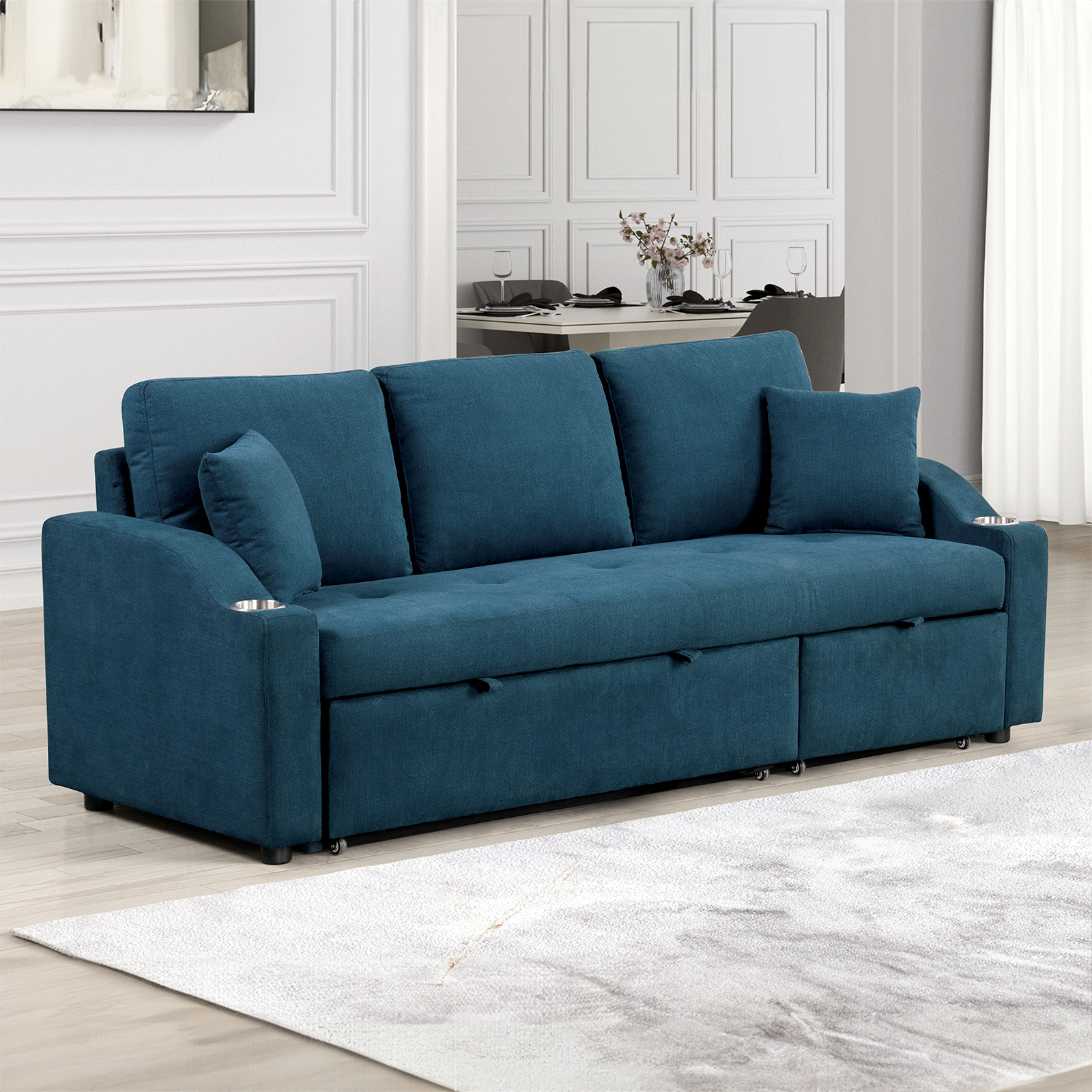 liquidationspots.com: Sleeper Sofa w/ Cupholder, Blue