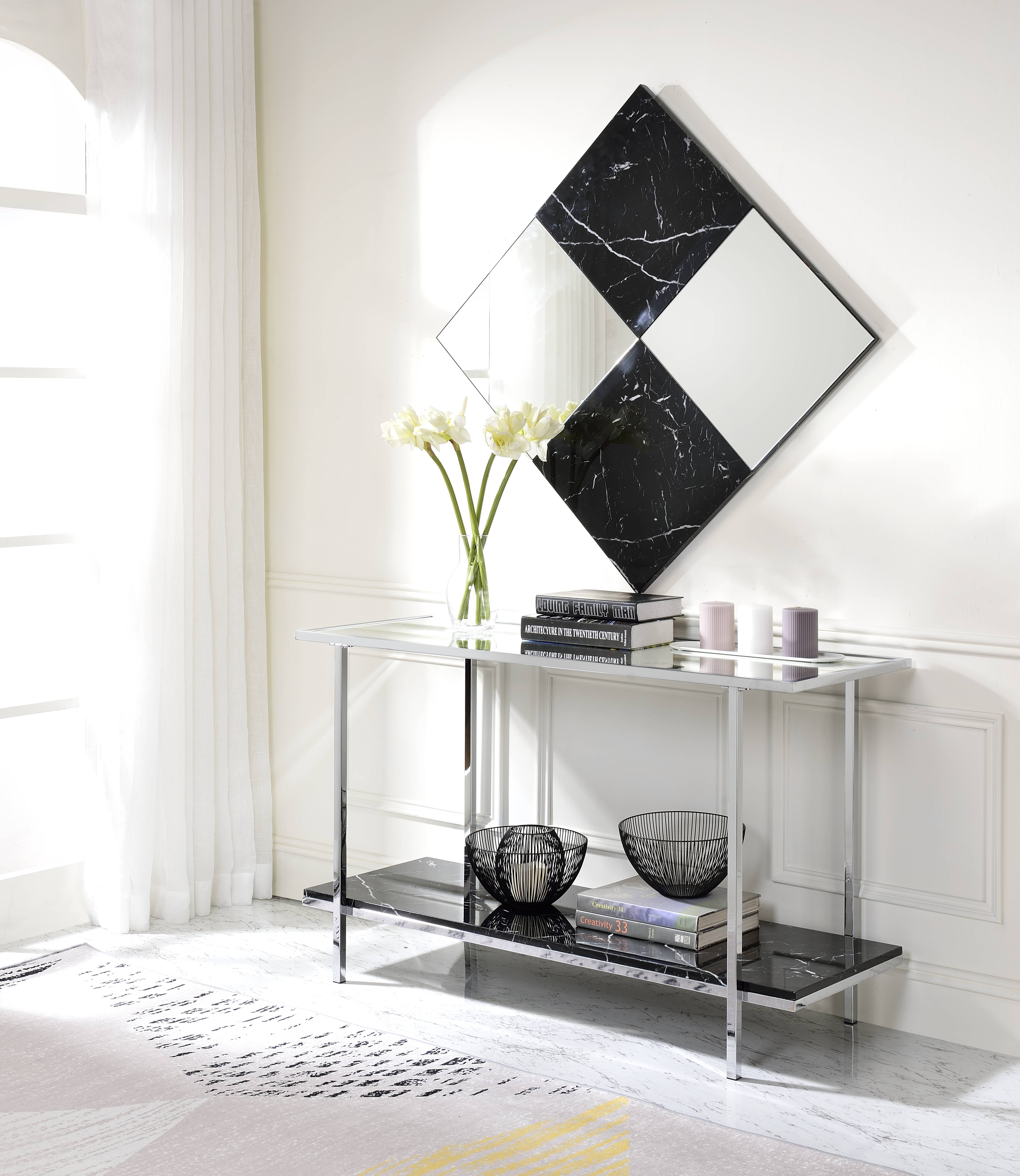 liquidationspots.com: Angwin Rectangular Console Table (Mirrored, Engineered Stone Top & Chrome)